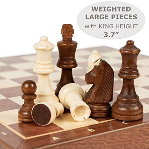 Magnetic Wooden Chess Set for Kids and Adults – 15 in Staunton Chess Set - Large Folding Chess Board Game Sets - Storage for Pieces | Wood Pawns - 2 Extra Queens