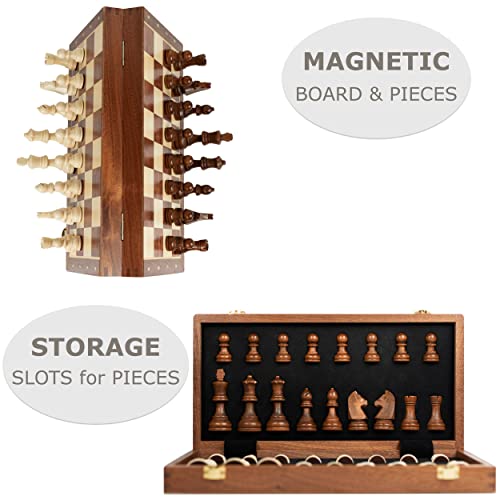 Magnetic Wooden Chess Set for Kids and Adults – 15 in Staunton Chess Set - Large Folding Chess Board Game Sets - Storage for Pieces | Wood Pawns - 2 Extra Queens