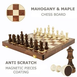 Magnetic Wooden Chess Set for Kids and Adults – 15 in Staunton Chess Set - Large Folding Chess Board Game Sets - Storage for Pieces | Wood Pawns - 2 Extra Queens