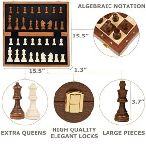 Magnetic Wooden Chess Set for Kids and Adults – 15 in Staunton Chess Set - Large Folding Chess Board Game Sets - Storage for Pieces | Wood Pawns - 2 Extra Queens