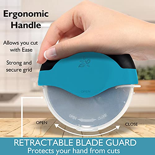 DECOSTYLE, Blue Pizza Cutter Wheel with Protective Blade Cover, improved, Super Sharp, Easy To Use and Clean, Slicer, Ergonomic Rubberized Grip, heavy dutty, Stainless Steel, Dishwater Safe