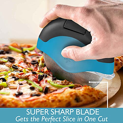 DECOSTYLE, Blue Pizza Cutter Wheel with Protective Blade Cover, improved, Super Sharp, Easy To Use and Clean, Slicer, Ergonomic Rubberized Grip, heavy dutty, Stainless Steel, Dishwater Safe