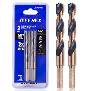 jefe hex 1/2" dia. 5" oal hss twist drill bit, general purpose, 3-flat shank, black and gold finished, 135 degree split point, ideal for steel/wood/copper/aluminum/zinc alloy/plastic. (2-piece)