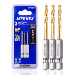 jefe hex 3-piece 3/32 inch hss titanium twist drill bit - hex shank for quick change, 135 degree split point, precision start drill bit for wood, plastics, steel, copper, aluminum alloy (pack of 3)