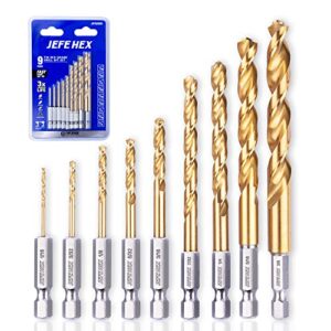 jefe hex 9-piece drill bits set,hex shank for quick change, titanium hss twist drill bit set, 135 degree easy cut split point