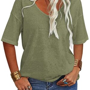 Danedvi Women Fashion V-Neck Half Sleeves Oversized T Shirt Solid Casual Loose Basic Tops Army Green