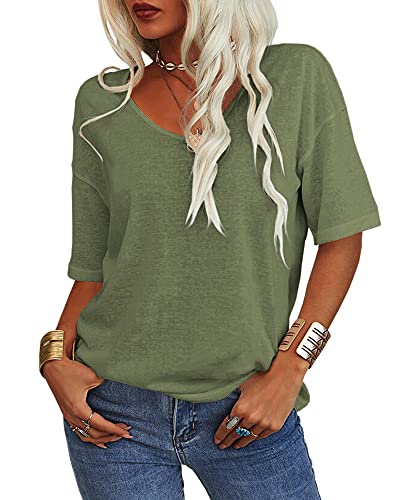 Danedvi Women Fashion V-Neck Half Sleeves Oversized T Shirt Solid Casual Loose Basic Tops Army Green