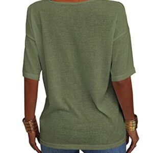 Danedvi Women Fashion V-Neck Half Sleeves Oversized T Shirt Solid Casual Loose Basic Tops Army Green