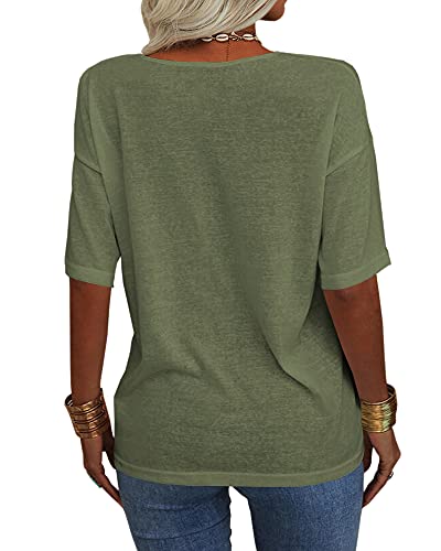 Danedvi Women Fashion V-Neck Half Sleeves Oversized T Shirt Solid Casual Loose Basic Tops Army Green