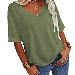 Danedvi Women Fashion V-Neck Half Sleeves Oversized T Shirt Solid Casual Loose Basic Tops Army Green