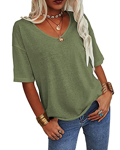 Danedvi Women Fashion V-Neck Half Sleeves Oversized T Shirt Solid Casual Loose Basic Tops Army Green