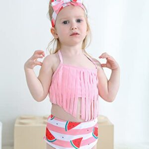 4T Toddler Girl Swimsuit Little Kids Triangle Bikini Tassel Halter Tankini Top 2pc Watermelon Bathing Suit 4T 5T Swimsuit for Girls Light Pink