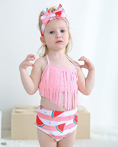 4T Toddler Girl Swimsuit Little Kids Triangle Bikini Tassel Halter Tankini Top 2pc Watermelon Bathing Suit 4T 5T Swimsuit for Girls Light Pink