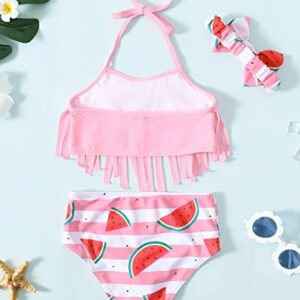 4T Toddler Girl Swimsuit Little Kids Triangle Bikini Tassel Halter Tankini Top 2pc Watermelon Bathing Suit 4T 5T Swimsuit for Girls Light Pink