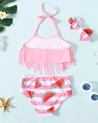 4T Toddler Girl Swimsuit Little Kids Triangle Bikini Tassel Halter Tankini Top 2pc Watermelon Bathing Suit 4T 5T Swimsuit for Girls Light Pink