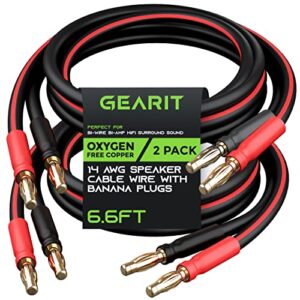 gearit 14 awg speaker cable wire with banana plugs (2 pack, 6.6 feet - 2 meter) 14ga gauge banana wire for bi-wire bi-amp hifi surround sound - 99.9% ofc copper, gold plated tips - black, 6 ft