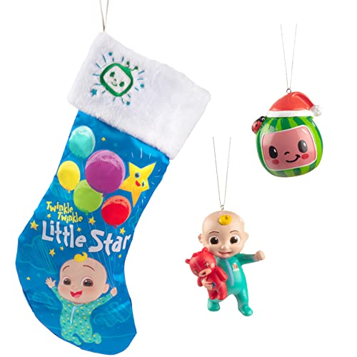 Kurt Adler CoComelon JJ and Melon Christmas Ornaments and Stocking Set of 3-2 Holiday Tree Ornaments & Stocking - Officially Licensed - Gift for Kids