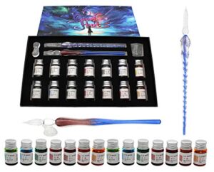 xiaoyu glass dip pen set, 18 pieces calligraphy pens set - 14 color inks, pen holder, cleaning cup, 2 crystal glass pens for art, writing, drawing, signatures