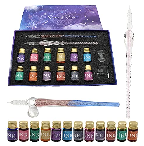 XIAOYU Glass Dip Pen Set, 16 Pieces Calligraphy Pen Set Includes 2 Crystal Glass Pens, 12 Colors Ink, Cleaning Cup, Pen Holder, Pink