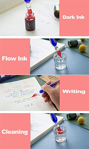 XIAOYU Glass Dip Pen Set, 16 Pieces Calligraphy Pen Set Includes 2 Crystal Glass Pens, 12 Colors Ink, Cleaning Cup, Pen Holder, Pink