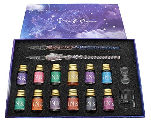 XIAOYU Glass Dip Pen Set, 16 Pieces Calligraphy Pen Set Includes 2 Crystal Glass Pens, 12 Colors Ink, Cleaning Cup, Pen Holder, Pink