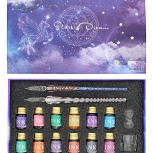 XIAOYU Glass Dip Pen Set, 16 Pieces Calligraphy Pen Set Includes 2 Crystal Glass Pens, 12 Colors Ink, Cleaning Cup, Pen Holder, Pink