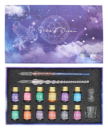 XIAOYU Glass Dip Pen Set, 16 Pieces Calligraphy Pen Set Includes 2 Crystal Glass Pens, 12 Colors Ink, Cleaning Cup, Pen Holder, Pink