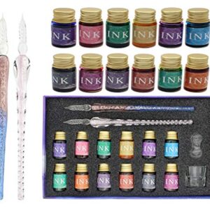 XIAOYU Glass Dip Pen Set, 16 Pieces Calligraphy Pen Set Includes 2 Crystal Glass Pens, 12 Colors Ink, Cleaning Cup, Pen Holder, Pink