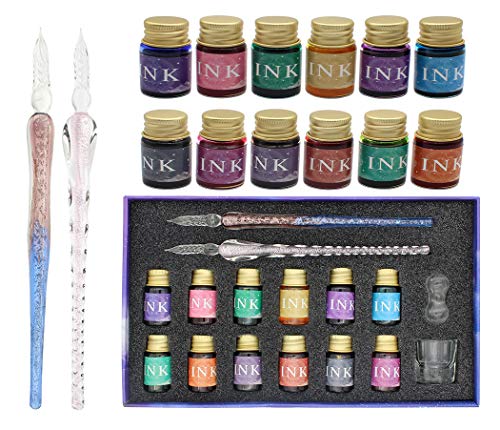 XIAOYU Glass Dip Pen Set, 16 Pieces Calligraphy Pen Set Includes 2 Crystal Glass Pens, 12 Colors Ink, Cleaning Cup, Pen Holder, Pink