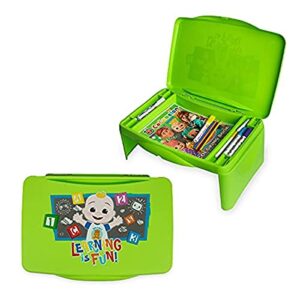 cocomelon kids lap desk with storage - folding lid and collapsible design - portable for travel or use in bed at home - great for writing, reading or other school activities