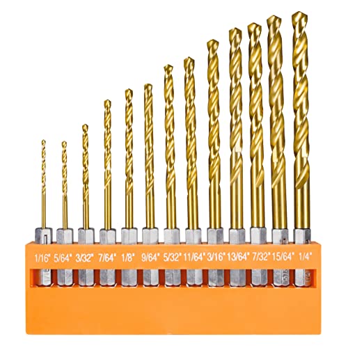 CaRoller Drill Bit Set 13 Piece Twist Hex Shank Quick Change High Speed Steel Titanium Coating for Metal, Aluminum Alloy and Plastic Wood 1/16" to 1/4"