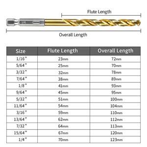 CaRoller Drill Bit Set 13 Piece Twist Hex Shank Quick Change High Speed Steel Titanium Coating for Metal, Aluminum Alloy and Plastic Wood 1/16" to 1/4"