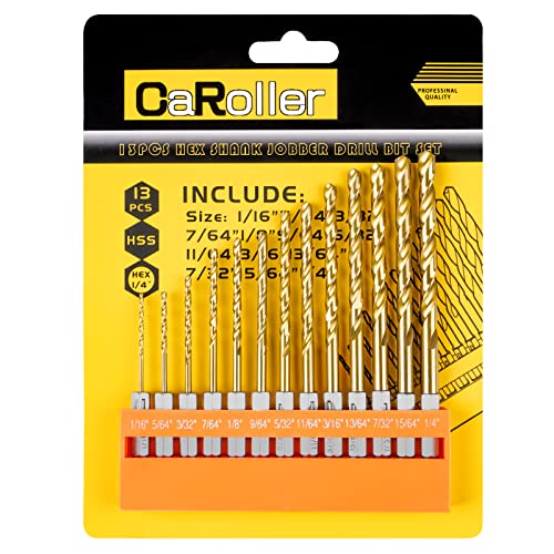 CaRoller Drill Bit Set 13 Piece Twist Hex Shank Quick Change High Speed Steel Titanium Coating for Metal, Aluminum Alloy and Plastic Wood 1/16" to 1/4"