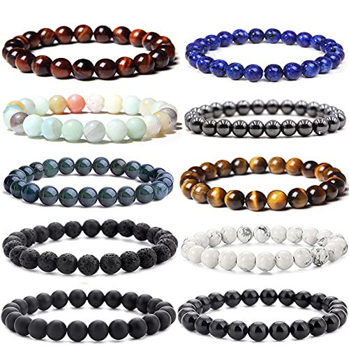 WAINIS 10 Pcs 8mm Stone Semi-Precious Gemstones Beaded Bracelets for Men Women Healing Crystal Stretch Beaded Bracelet Unisex