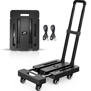 spacekeeper folding hand truck, 500 lb heavy duty luggage cart, utility dolly platform cart with 6 wheels & 2 elastic ropes for luggage, travel, moving, shopping, office use, black