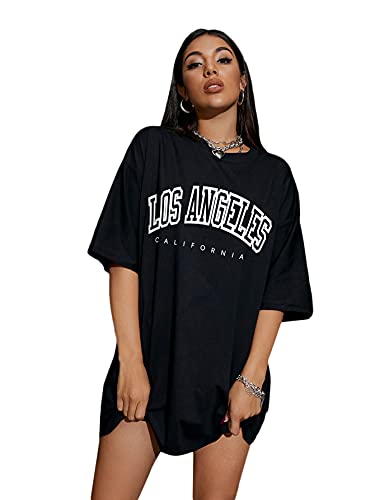 SOLY HUX Women's Letter Print Half Sleeve Tee Casual Summer Oversized T Shirt Top Black L