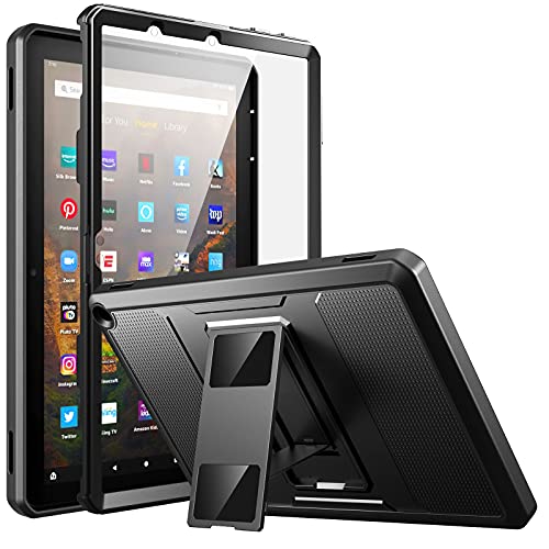 MoKo Case Fits All-New Kindle Fire HD 10 & 10 Plus Tablet (11th Generation, 2021 Release) 10.1", Full Body Rugged Hands-Free Viewing Stand Back Cover with Screen Protector, Black