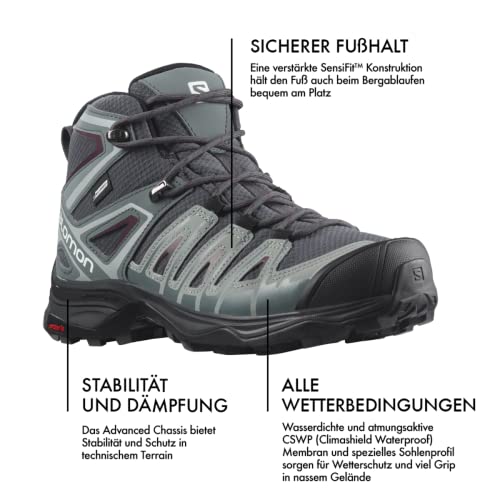 Salomon X Ultra Pioneer MID CLIMASALOMON Waterproof Hiking Boots for Women Trail Running Shoe, Ebony/Stormy Weather/Wine Tasting, 7.5