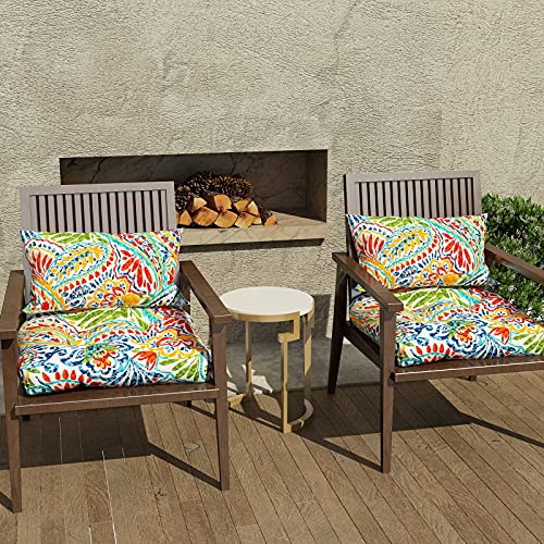 LVTXIII Outdoor/Indoor Tufted Seat Cushion, Decorative Wicker Chair Pads All Weather Seat Cushion Sets for Patio Garden Home Office Furniture, 19”x19”x5”, Round Back, Pack of 2, Paisley Multi