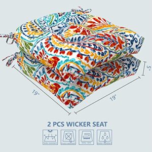 LVTXIII Outdoor/Indoor Tufted Seat Cushion, Decorative Wicker Chair Pads All Weather Seat Cushion Sets for Patio Garden Home Office Furniture, 19”x19”x5”, Round Back, Pack of 2, Paisley Multi