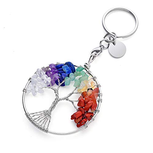 MANIFO 7 Chakra Keyring Healing Crystal Tree of Life Keychain Gemstone Key Chain Charm for Women