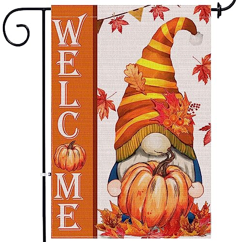 Fall Garden Flag, Welcome Fall Gnomes Yard Flag 12x18 Double-Sided Autumn, Fall Pumpkins Garden Flags Burlap Signs Home Decorations Outdoor Farmhouse