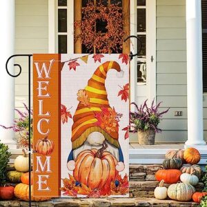 Fall Garden Flag, Welcome Fall Gnomes Yard Flag 12x18 Double-Sided Autumn, Fall Pumpkins Garden Flags Burlap Signs Home Decorations Outdoor Farmhouse