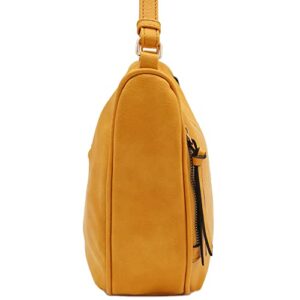 FashionPuzzle Faux Leather Two Front Zipper Pocket Crossbody Saddle Bag (Mustard) One Size