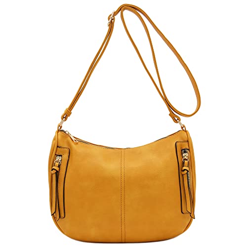 FashionPuzzle Faux Leather Two Front Zipper Pocket Crossbody Saddle Bag (Mustard) One Size