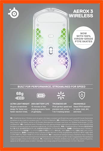 SteelSeries Aerox 3 Wireless - Super Light Gaming Mouse - 18,000 CPI TrueMove Air Optical Sensor - Ultra-lightweight 68g Water Resistant Design - 200 Hour Battery Life – Snow