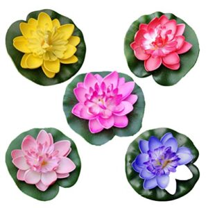 ifundom 5Pcs Lily Pads for Ponds, Artificial Lotus- Water Lily Pads Leaves & Floating Foam Lotuses for Garden Fish Pond Aquarium Pool Wedding Decor