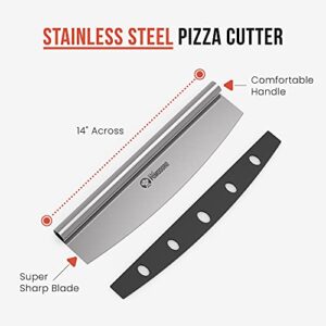 Chef Pomodoro Pizza Cutter Rocker Knife with Protective Cover, Multipurpose 14 Inch Mezzaluna Chopper with Super Sharp Stainless Steel Blade, Blade Cover, Premium Pizza Accessories Dishwasher Safe