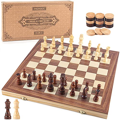 AMEROUS 15'' Wooden Chess & Checkers Set, 2 in 1 Board Games -2 Extra Queens -24 Cherkers Pieces - Gift Box Packed - Chessmen Storage Slots, Beginner Chess Set for Kids and Adults