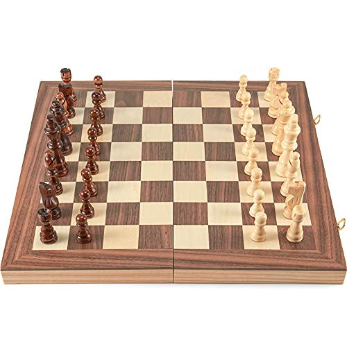 AMEROUS 15'' Wooden Chess & Checkers Set, 2 in 1 Board Games -2 Extra Queens -24 Cherkers Pieces - Gift Box Packed - Chessmen Storage Slots, Beginner Chess Set for Kids and Adults